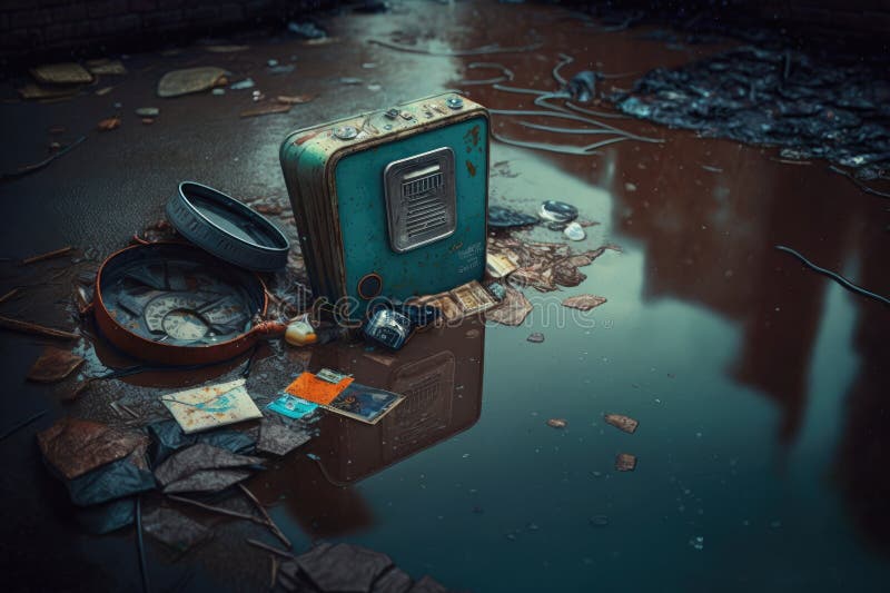 Puddle Surrounded by Forgotten Items and Trash, with Rain Still Coming ...