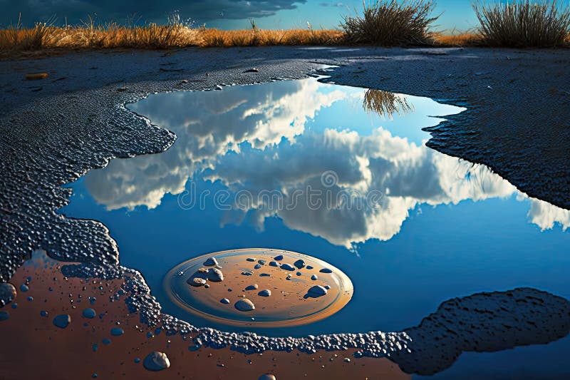 Puddle Surrounded by Raindrops, with the Reflection of a Clear Blue Sky ...