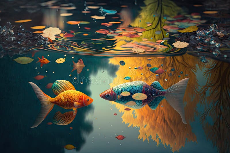 Puddle Transforming into a Magical Spring, with Colorful Fish Swimming ...
