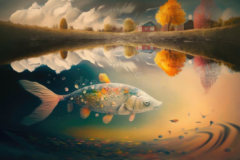 Puddle Transforming into a Magical Spring, with Colorful Fish Swimming ...