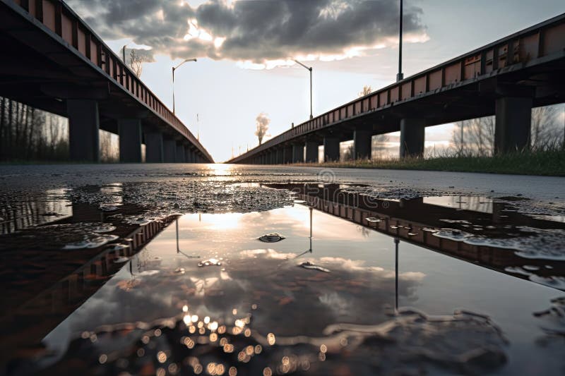 Puddle of Water on a Bridge, with Reflections of the Sky and Clouds ...