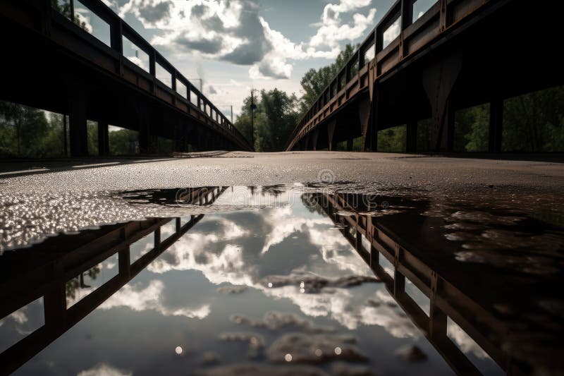 Puddle of Water on a Bridge, with Reflections of the Sky and Clouds ...