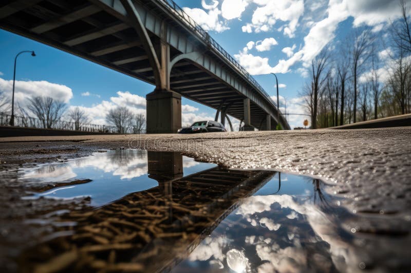 Puddle of Water on a Bridge, with Reflections of the Sky and Clouds ...