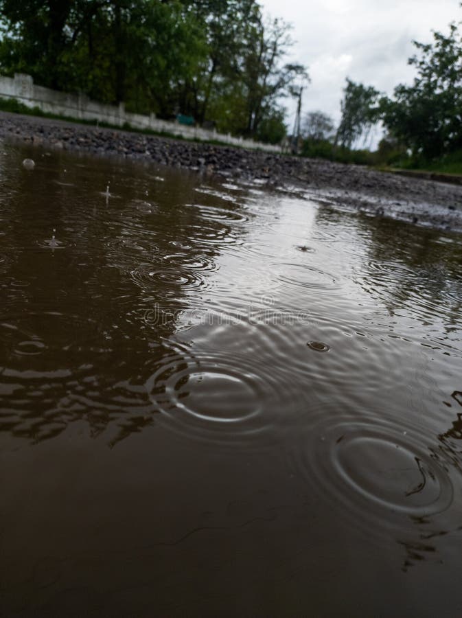 Puddle of Water with Drops of Rain in Cloudy Weather Stock Image ...