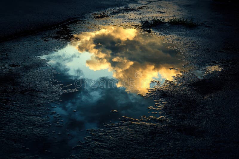 A Puddle of Water Reflecting the Sky and Clouds Stock Photo - Image of ...