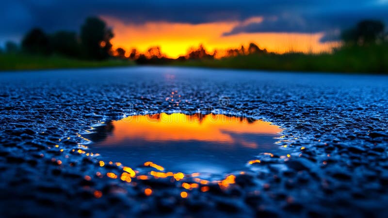 A Puddle of Water on the Side of a Road at Sunset Stock Photo - Image ...