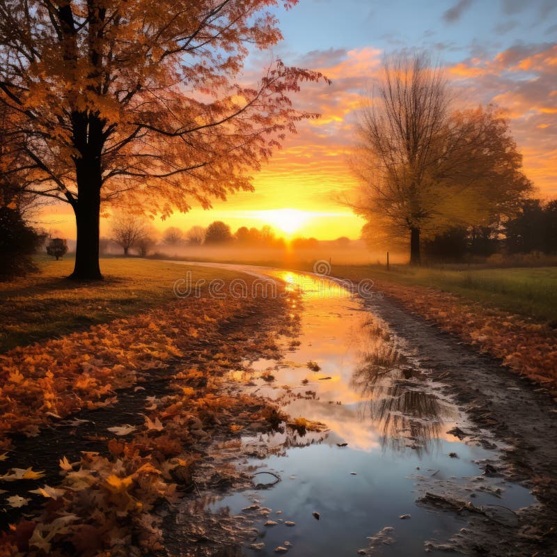 A Puddle of Water with Trees and Sunset Stock Illustration ...