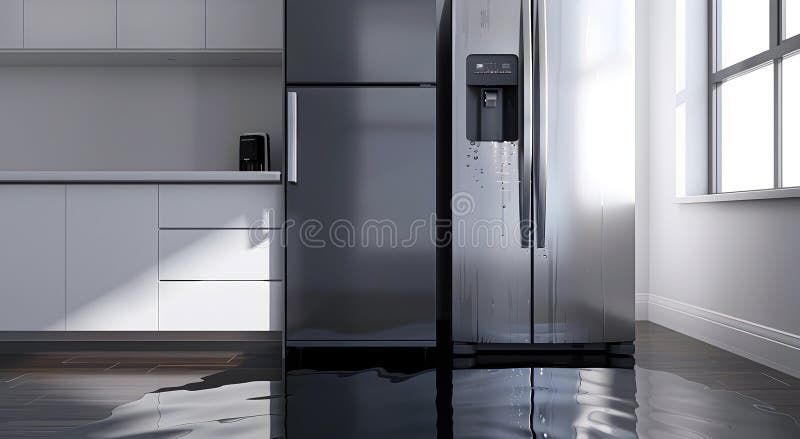 A Puddle of Water Under the Refrigerator, Indicating a Leak Stock Photo ...