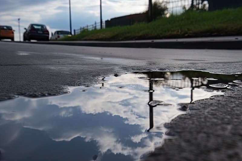 Puddle of Water on Wet Asphalt, with Reflection in the Sky Stock ...