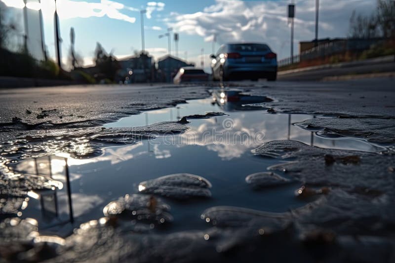 Puddle of Water on Wet Asphalt, with Reflection of the Sky Visible ...