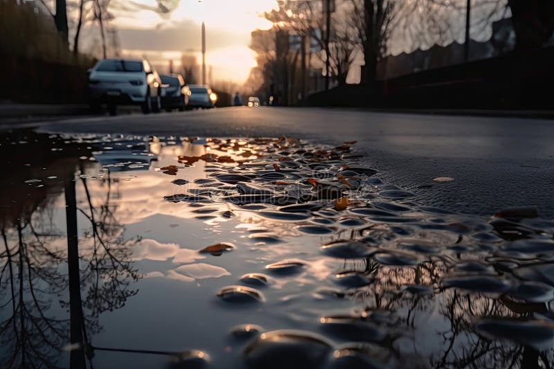 Puddle of Water on Wet Asphalt, with Reflection of the Sky Visible ...