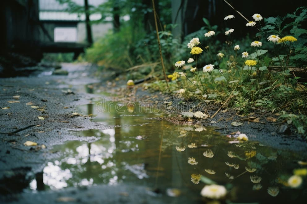 A Puddle of Water with Yellow Flowers in the Middle Stock Illustration ...