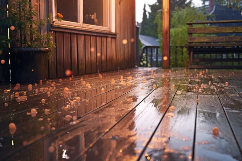 Puddle on a Wooden Deck with Raindrops Splattering Stock Image - Image ...