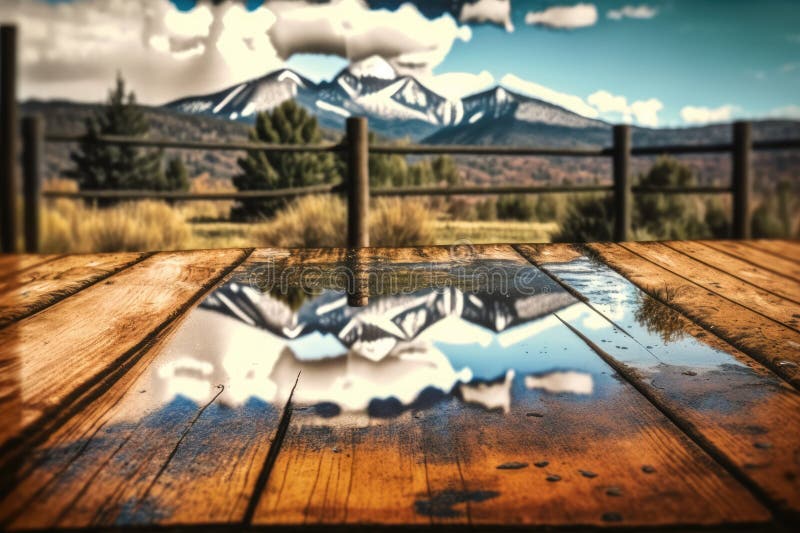 Puddle on Wooden Deck, with View of the Mountains in the Background ...