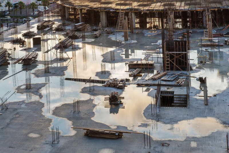 Puddles Reflecting Sky on the Empty Construction Site Stock Photo ...
