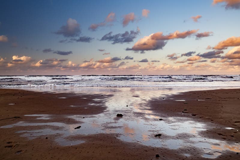 Puddles at Sunset on the Beach of Denia Stock Photo - Image of calm ...