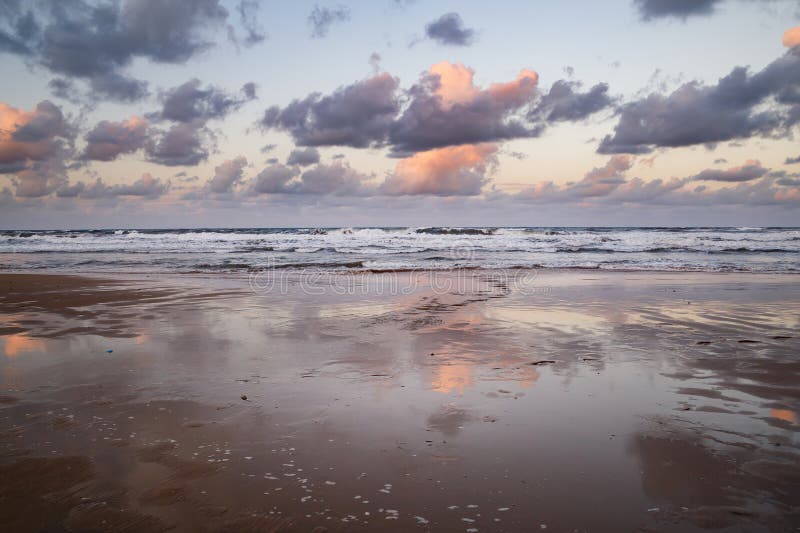 Puddles at Sunset on the Beach of Denia Stock Image - Image of wave ...