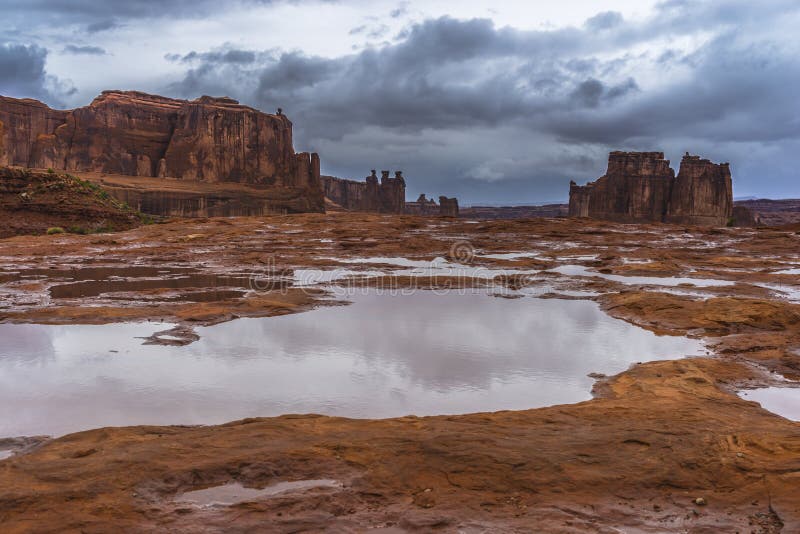 Puddles of Water after Rainstorm in the Arches National Park Stock ...