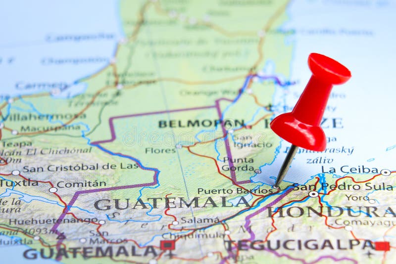 Puerto Barrios, Guatemala Pin on Map Stock Photo - Image of globe ...