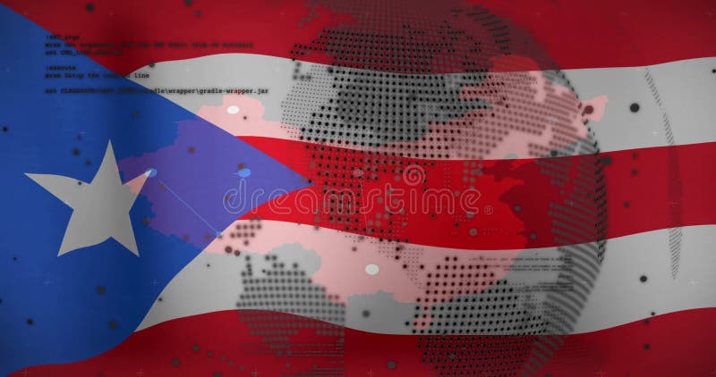 Puerto Rican Flag with Global Network Animation and Coding Text Overlay ...