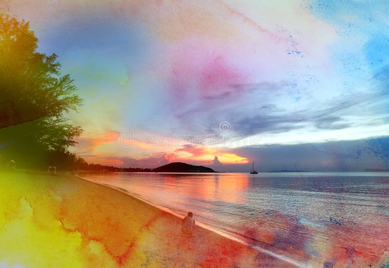 Puesta Del Sol Hermosa De La Acuarela Imagen de archivo - Imagen de ...
