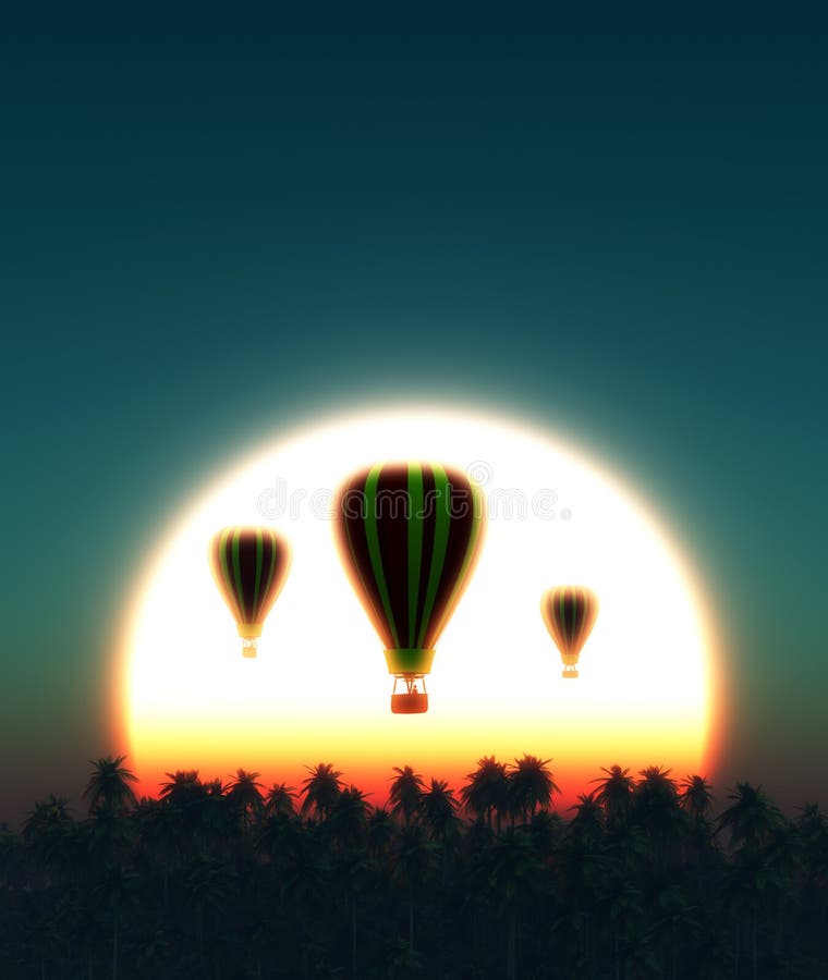 Puesta Del Sol Y Globo Del Aire Caliente Stock de ilustración - Ilustración de flotador, verano ...
