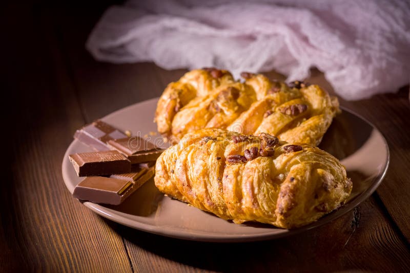 Puff Pastry Biscuit with Peaches and a Cube of Chocolate Stock Photo ...