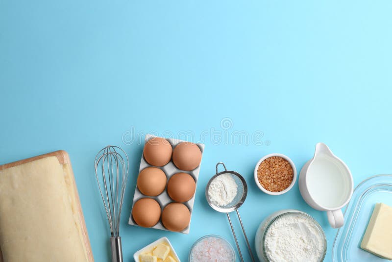 Puff Pastry Dough and Ingredients on Light Blue Background, Flat Lay ...