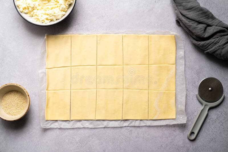 Puff Pastry Dough. Folded Baked Puff Pastry Pie in a Plate, Blue ...