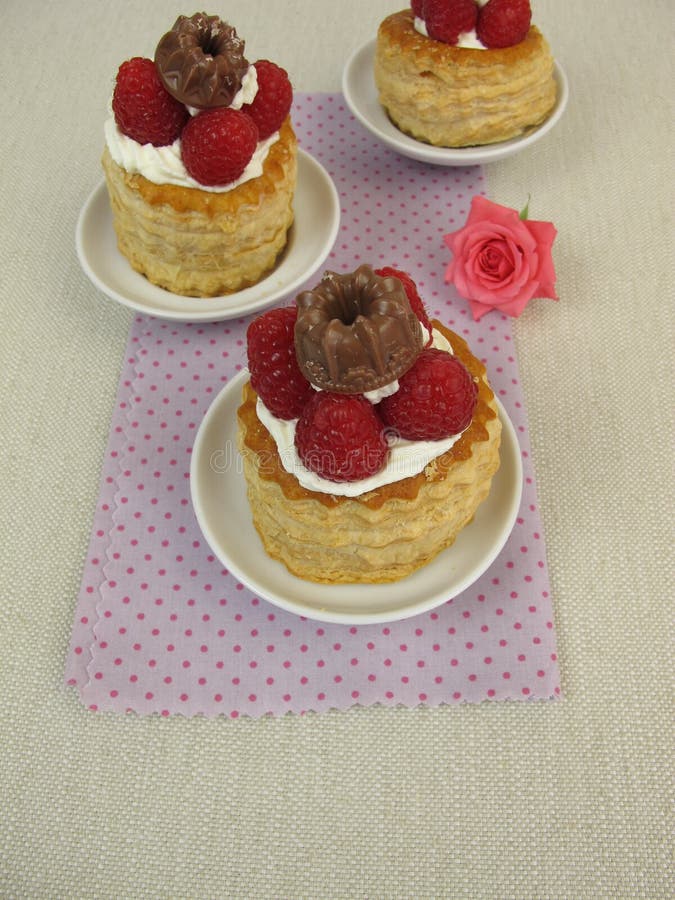 Puff Pastry Filled with Raspberry, Whipped Cream and Chocolate Stock ...