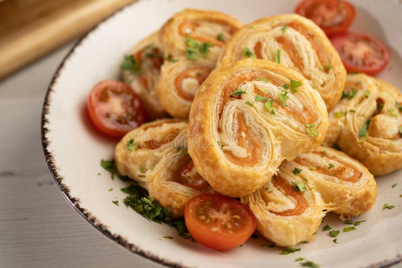 Puff Pastry Filled with Salmon and Cheese. Top View Table with ...