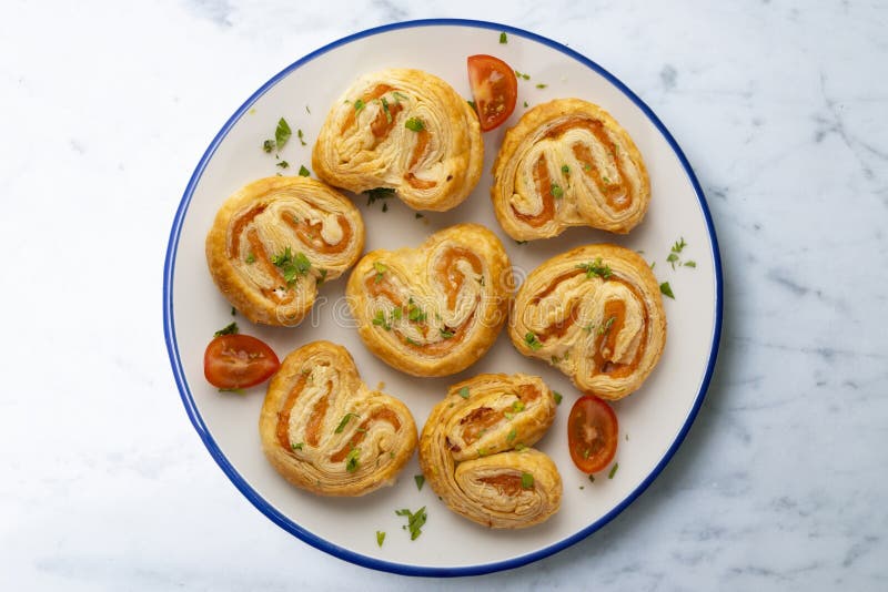 Puff Pastry Filled with Salmon and Cheese. Top View Table with ...
