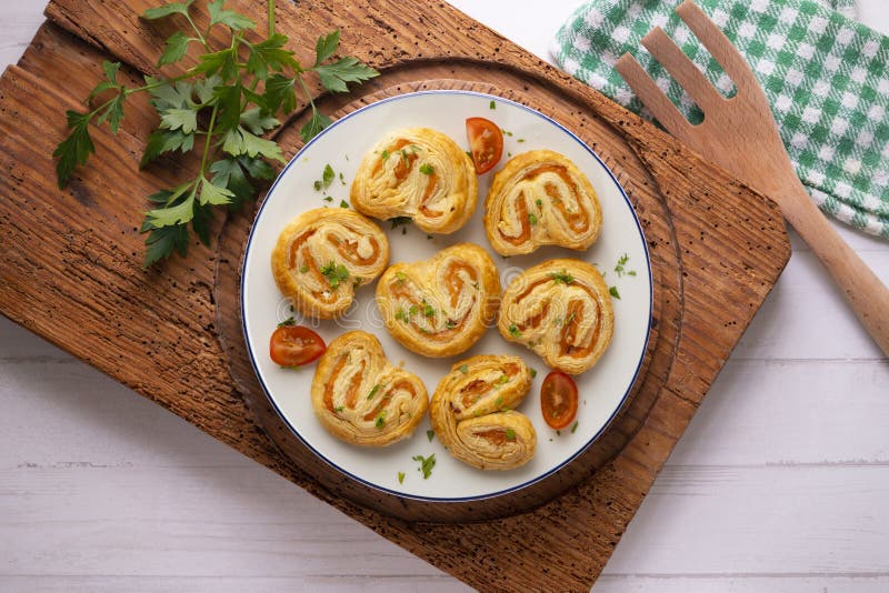 Puff Pastry Filled with Salmon and Cheese. Top View Table with ...