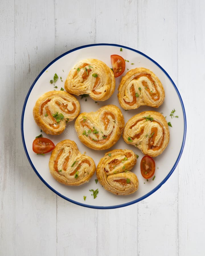 Puff Pastry Filled with Salmon and Cheese. Top View Table with ...
