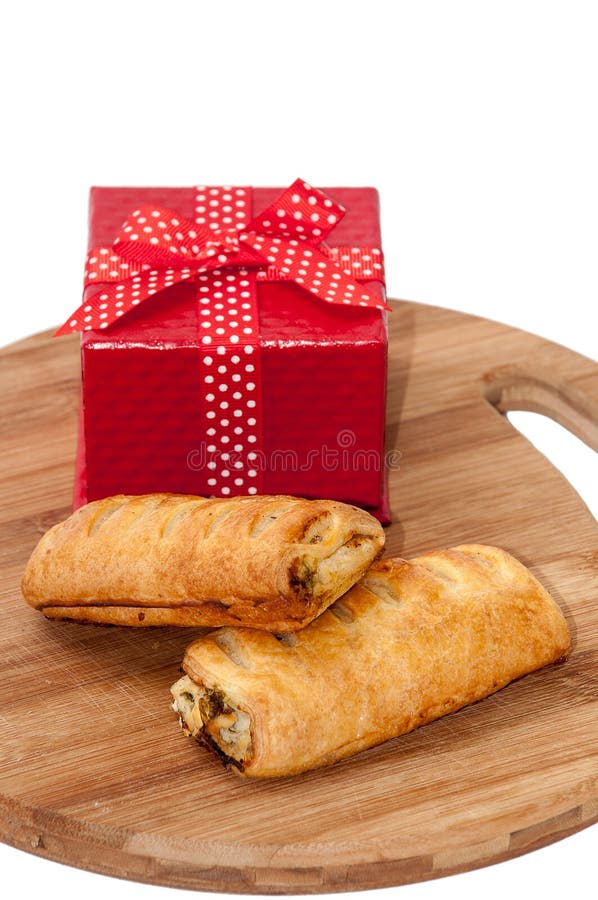 Puff Pastry with Red Gift Box on the Wooden Board Stock Image - Image ...