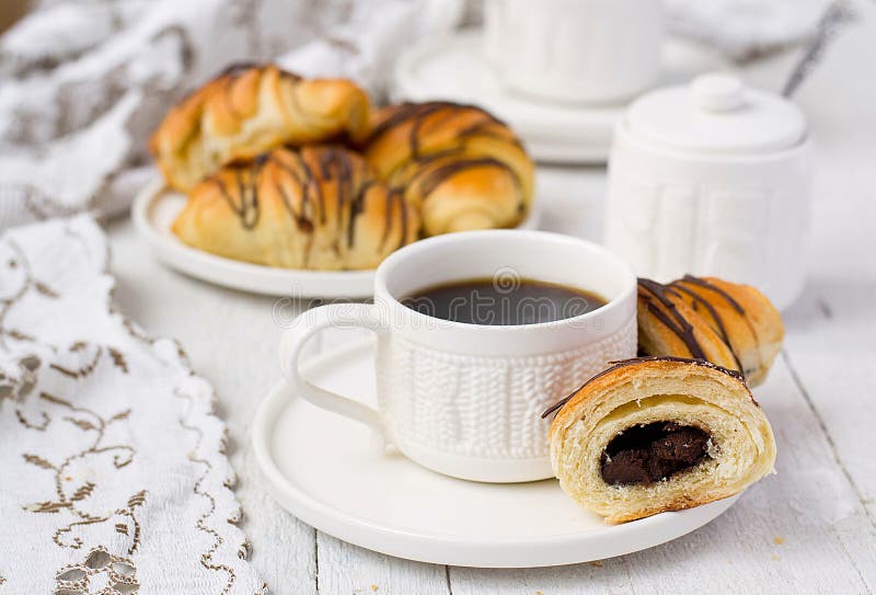 Puff Pastry Rolls with Chocolate and Coffee Cup Stock Photo - Image of ...