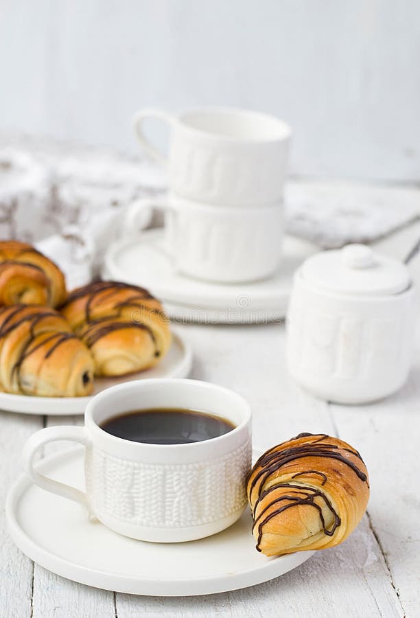 Puff Pastry Rolls with Chocolate and Coffee Cup Stock Photo - Image of ...