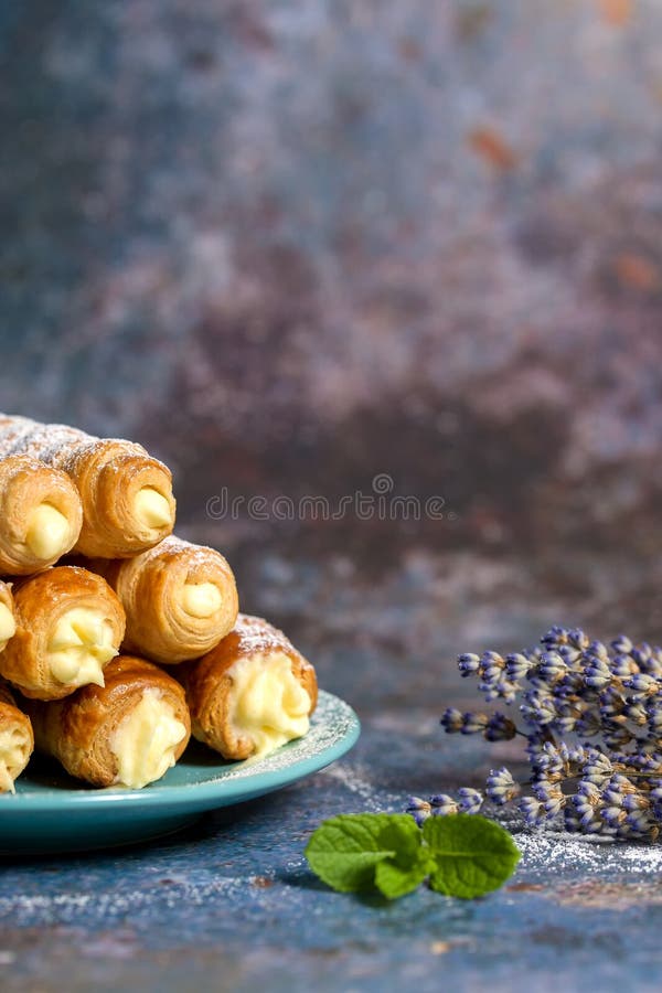Puff Pastry Tubes Filled with Custard Stock Photo - Image of custard ...