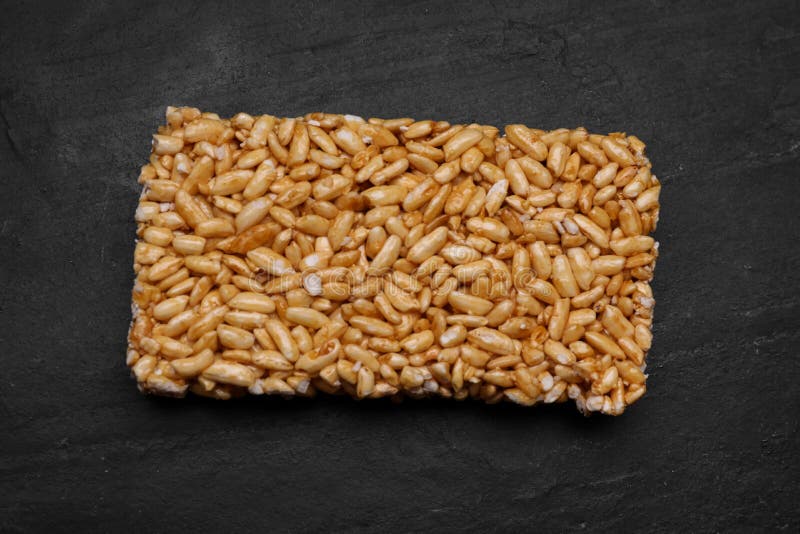 Puffed Rice Bar (kozinaki) on Black Table, Top View Stock Image - Image ...