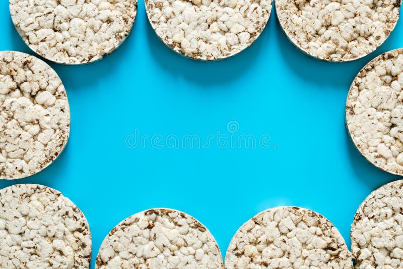 Puffed Rice Cakes on Blue Background, Flat Lay, Copy Space. Stock Image ...