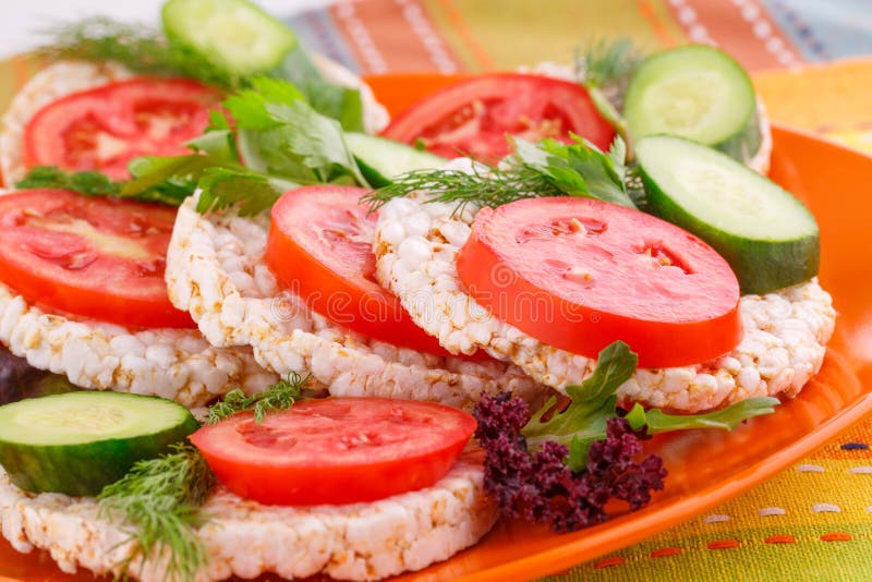 Puffed Rice Crackers Sandwiches Stock Photo - Image of diet, green ...