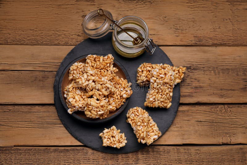 Puffed Rice Pieces Kozinaki on Wooden Table, Top View Stock Image ...