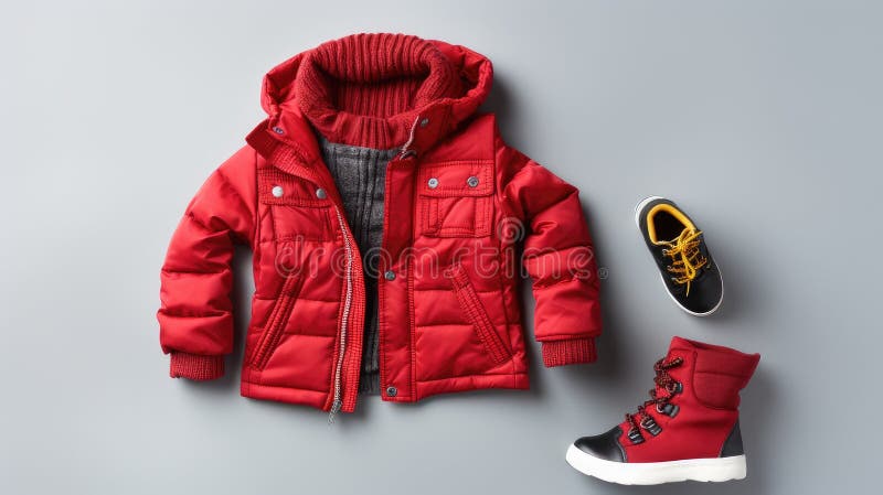 A Puffer Jacket and Matching Boots Laid Out on a Clean Grey Background ...