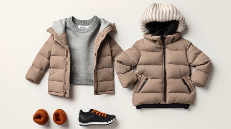 A Puffer Jacket and Matching Boots Laid Out on a Clean Grey Background ...