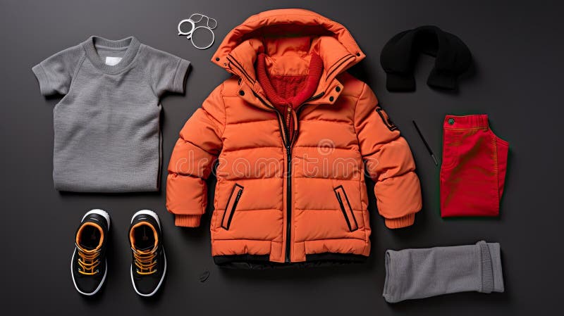 A Puffer Jacket and Matching Boots Laid Out on a Clean Grey Background ...