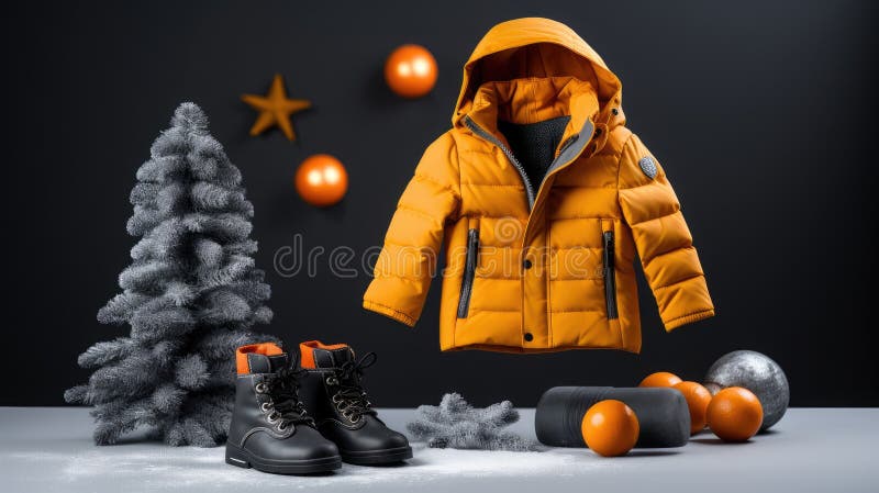 A Puffer Jacket and Matching Boots Laid Out on a Clean Grey Background ...