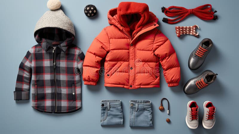 A Puffer Jacket and Matching Boots Laid Out on a Clean Grey Background ...