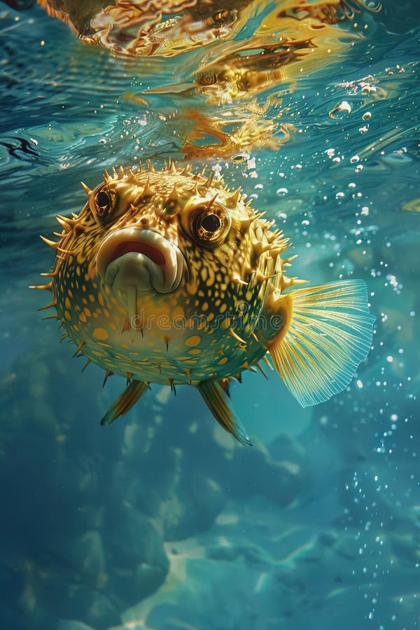 A Pufferfish with Neon Yellow Explosion Patterns Inflating in a ...