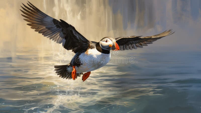 Puffin Flying Over the Water in Sunset Light. Iceland. AI Generated ...