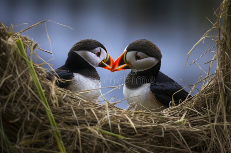 Puffin Pair Sharing Feeding Duties for Their Chicks Stock Photo - Image ...